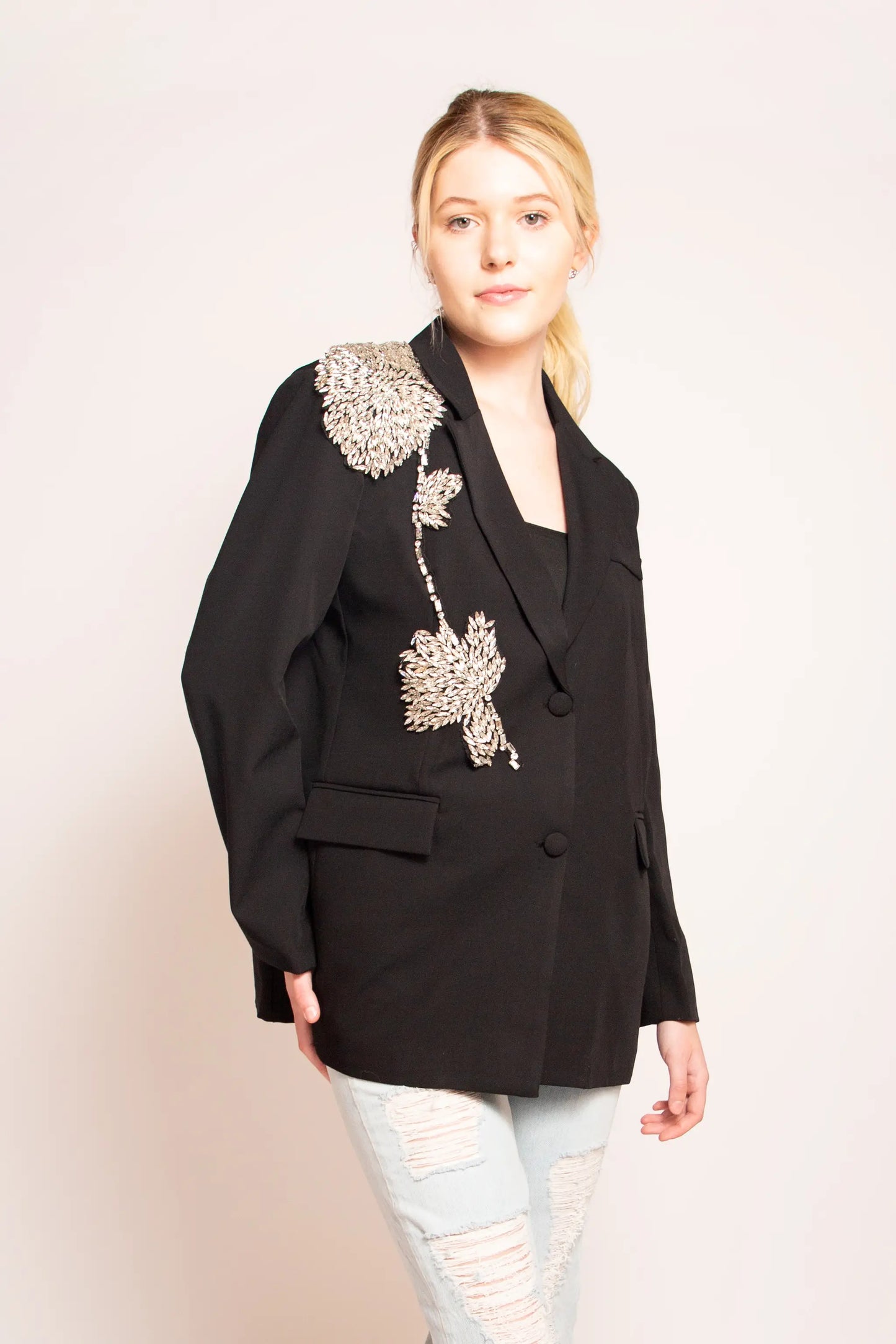 Mya Black Blazer With Crystals Rhinestone – Roznym Boutique
